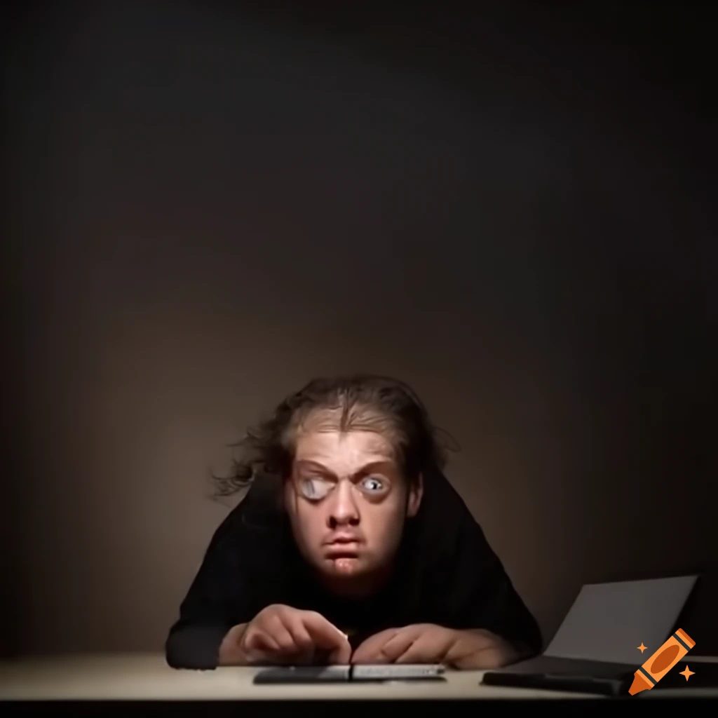 Tired young man in a dimly lit room staring at computer screen on Craiyon