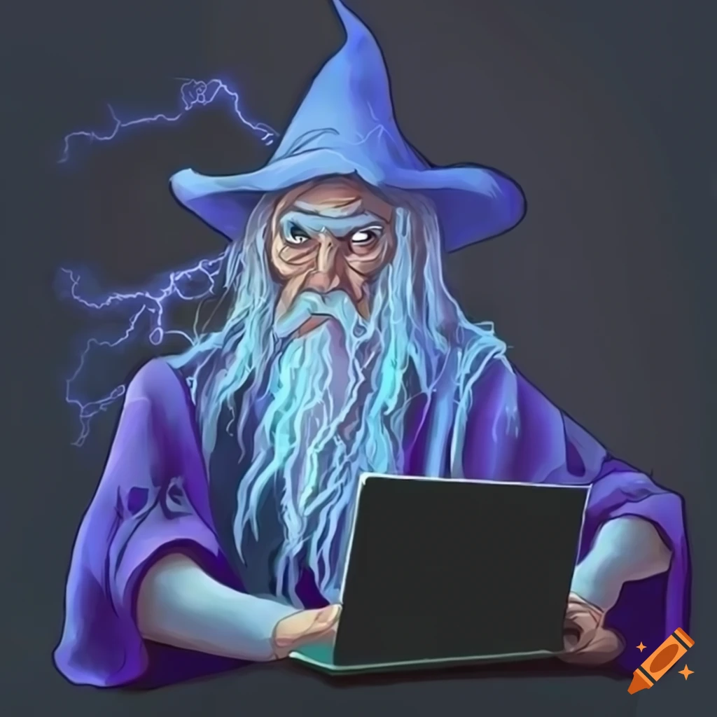 Wizard with laptop and lightning in the background on Craiyon