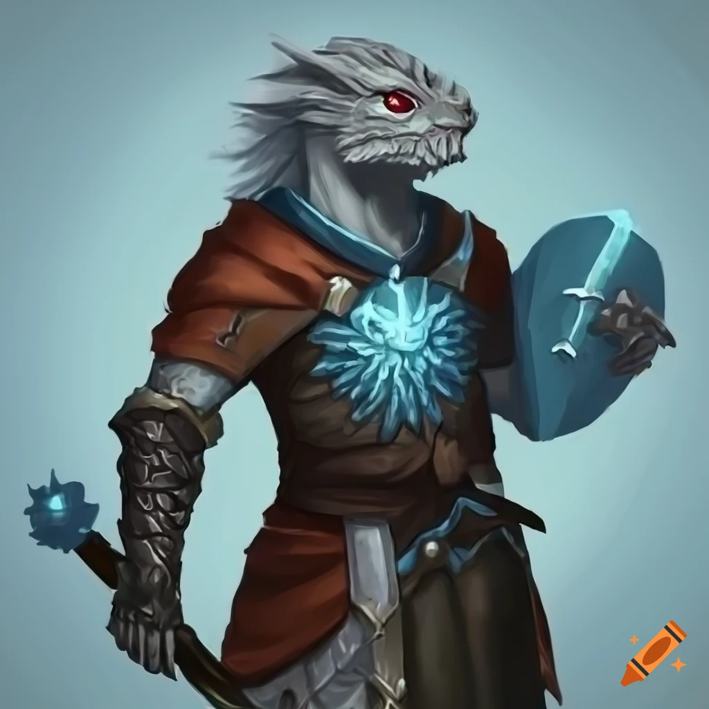Dragonborn cleric with blue skin, red eyes, and white hair holding mace ...
