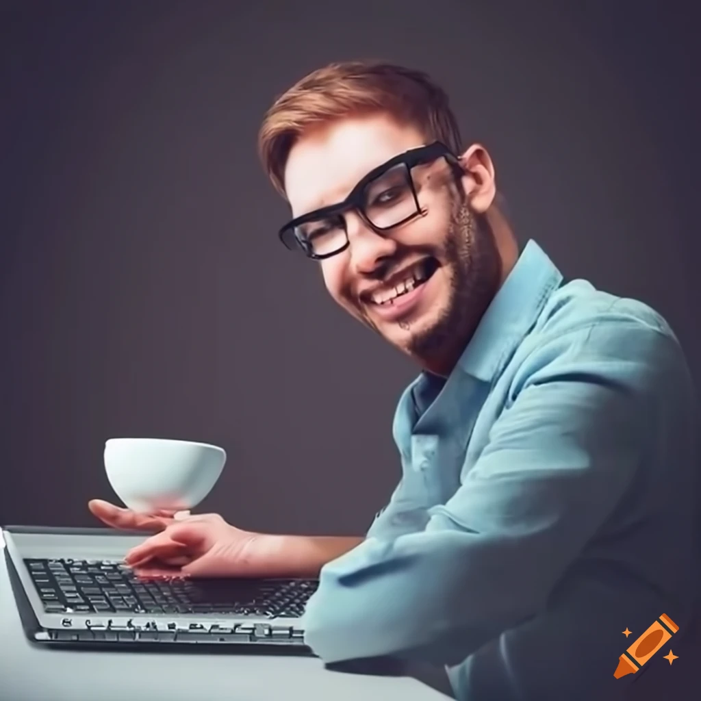 Smiling computer geek with coffee at the office on Craiyon