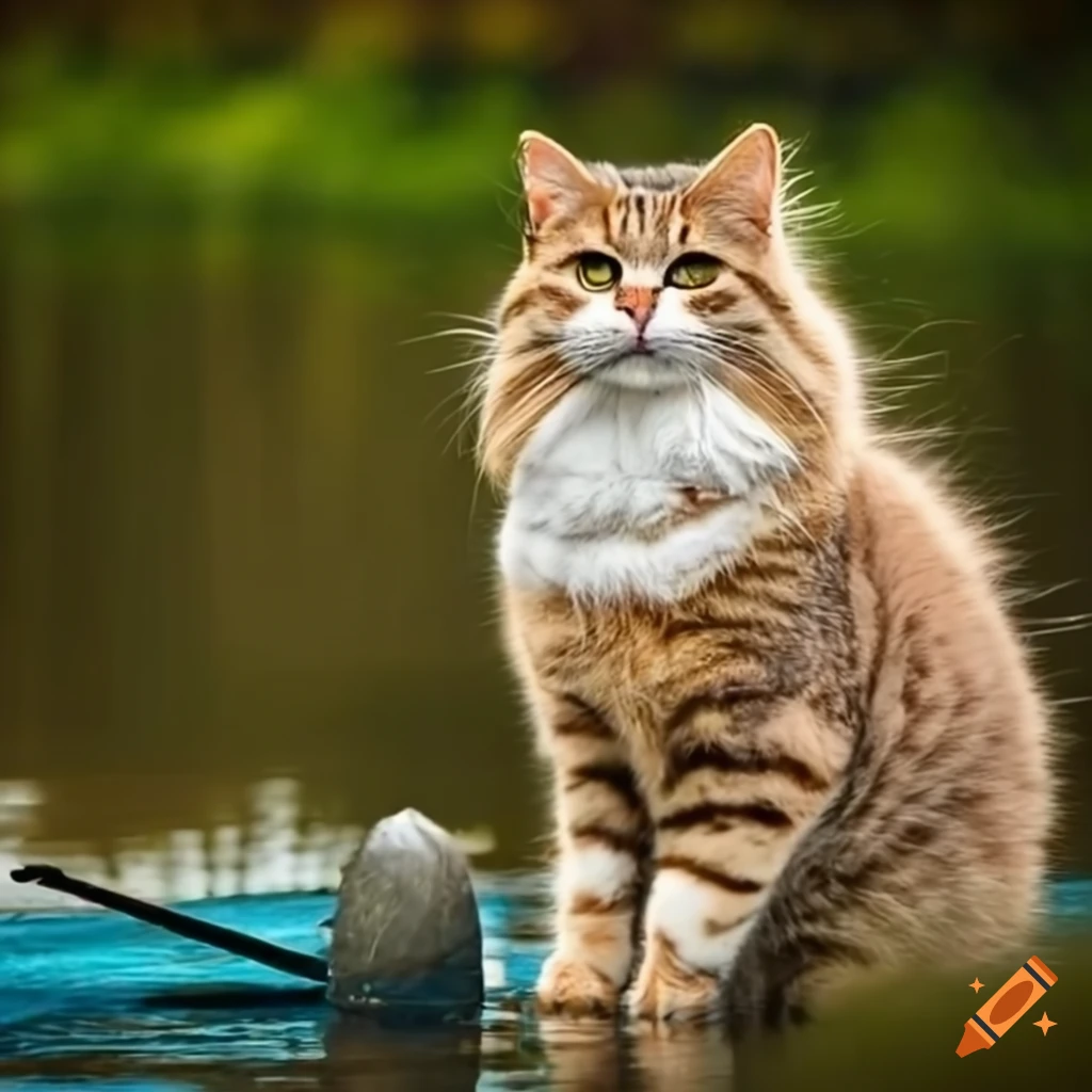 Fluffy cat fishing at a pond on Craiyon