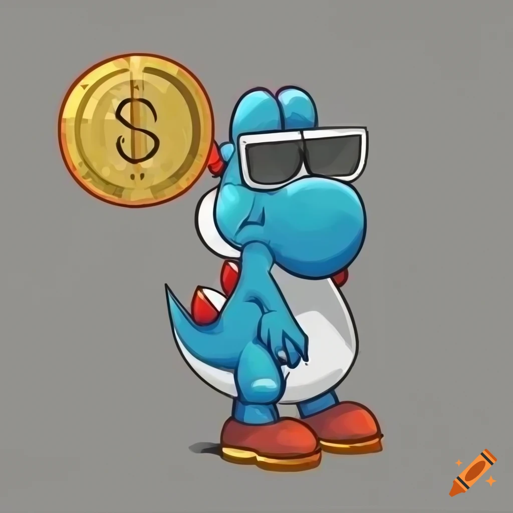 Smug blue yoshi with sunglasses holding a giant coin in a cartoon style ...