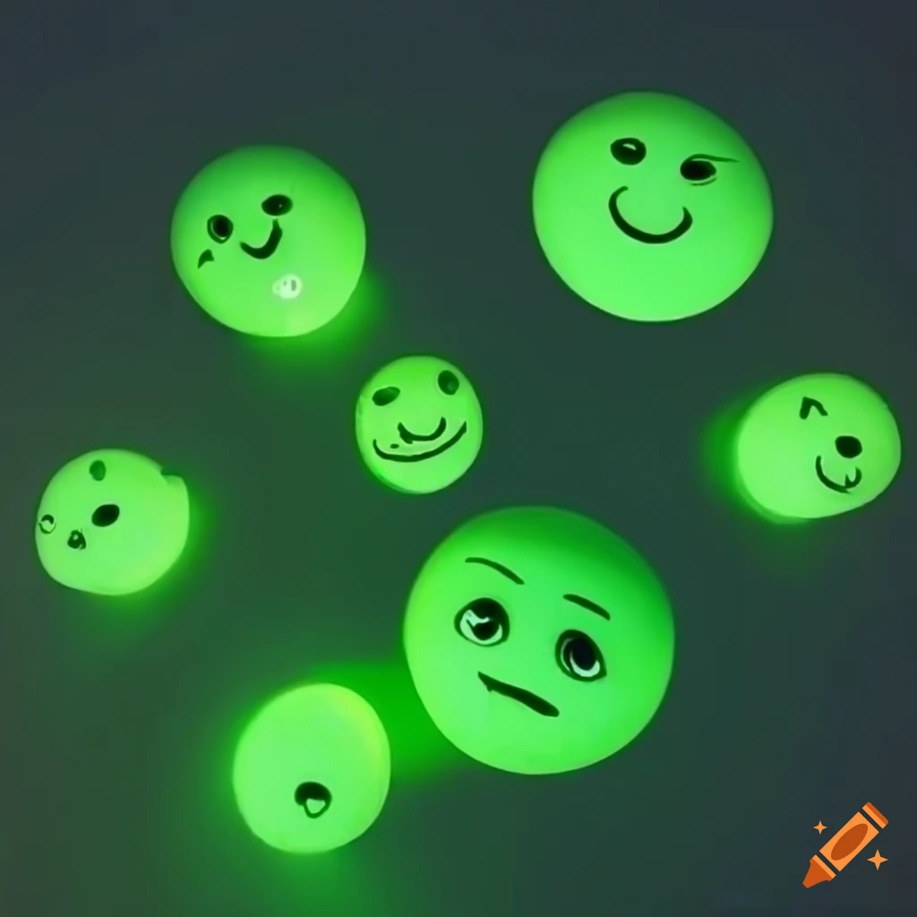 Glowing green blobs with cute friendly faces in a clear blue sky on Craiyon