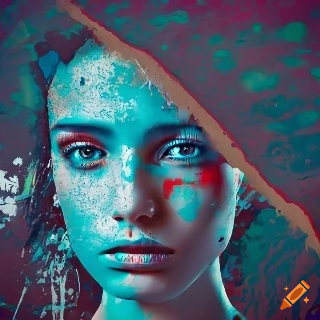 Graffiti and grunge wall with unique posters and vogue models in macro ...