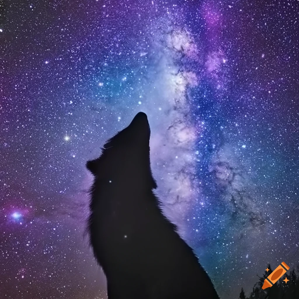 Wolf howling amidst galaxy stars in black and violet colors on Craiyon