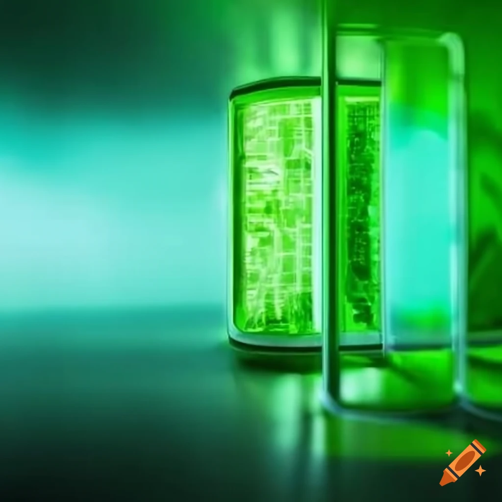 Green bioreactor windows in an office on Craiyon