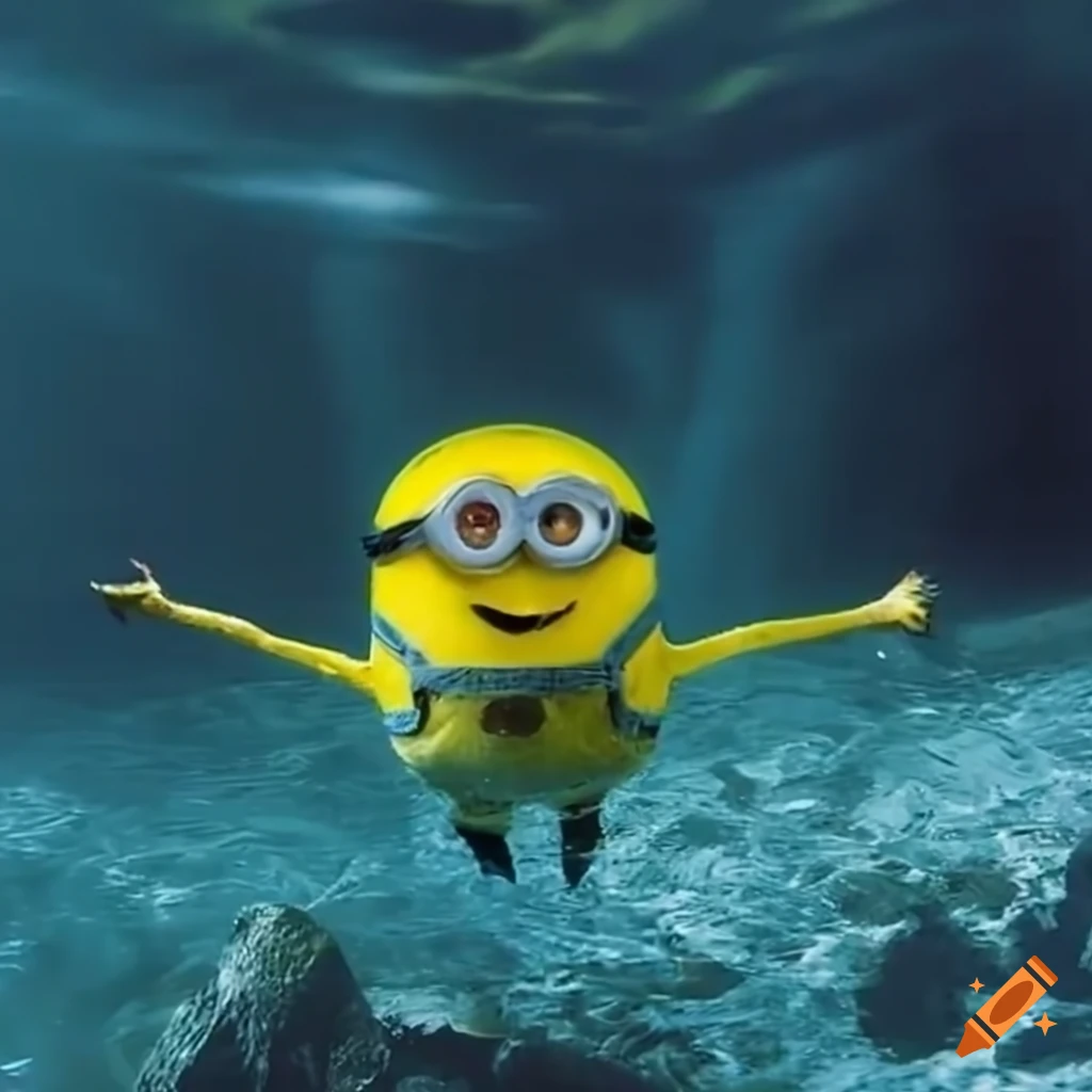 Yellow minion swimming in a river by snowcapped mountains on Craiyon