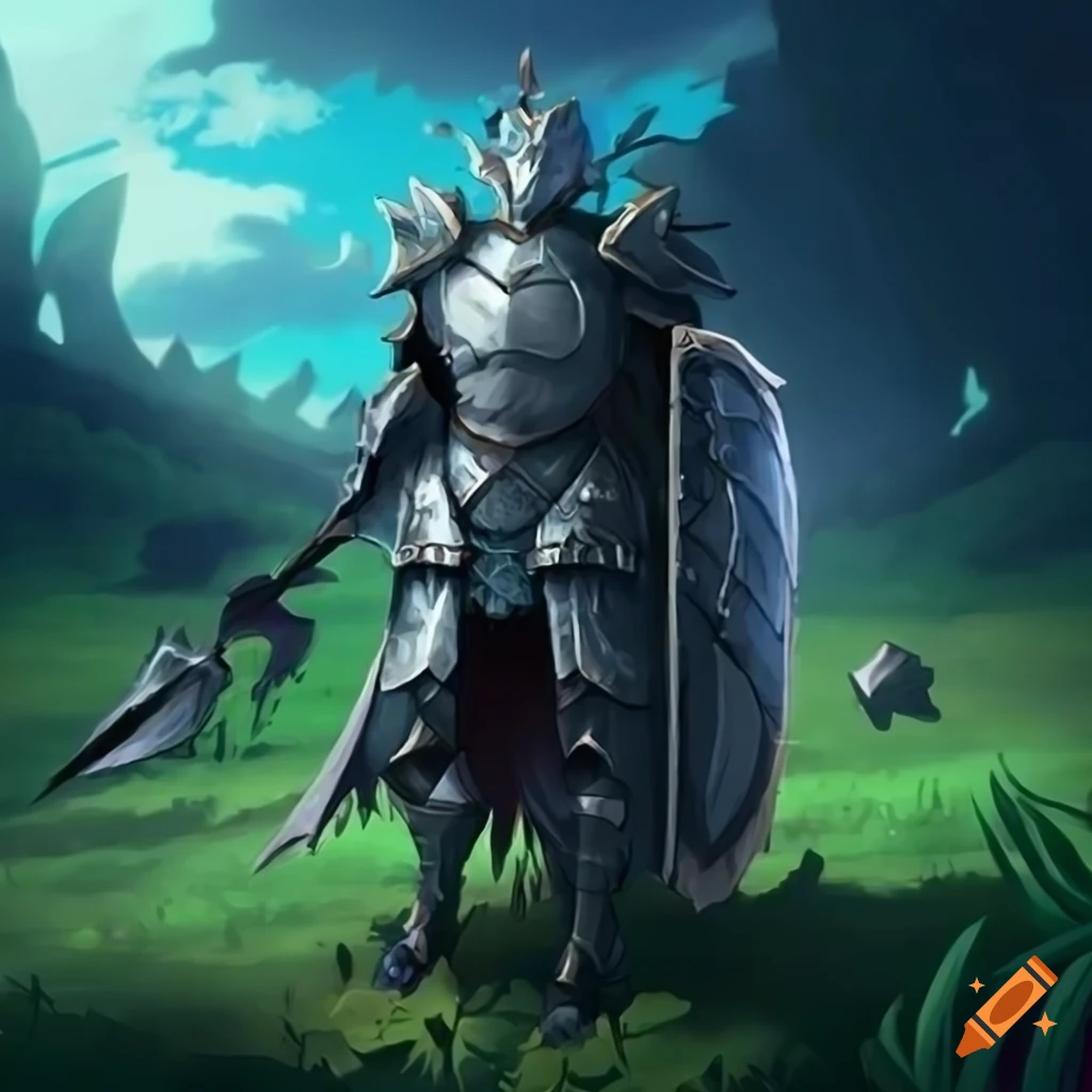 Anime guardian in heavy armor and shield in a fantasy world on Craiyon