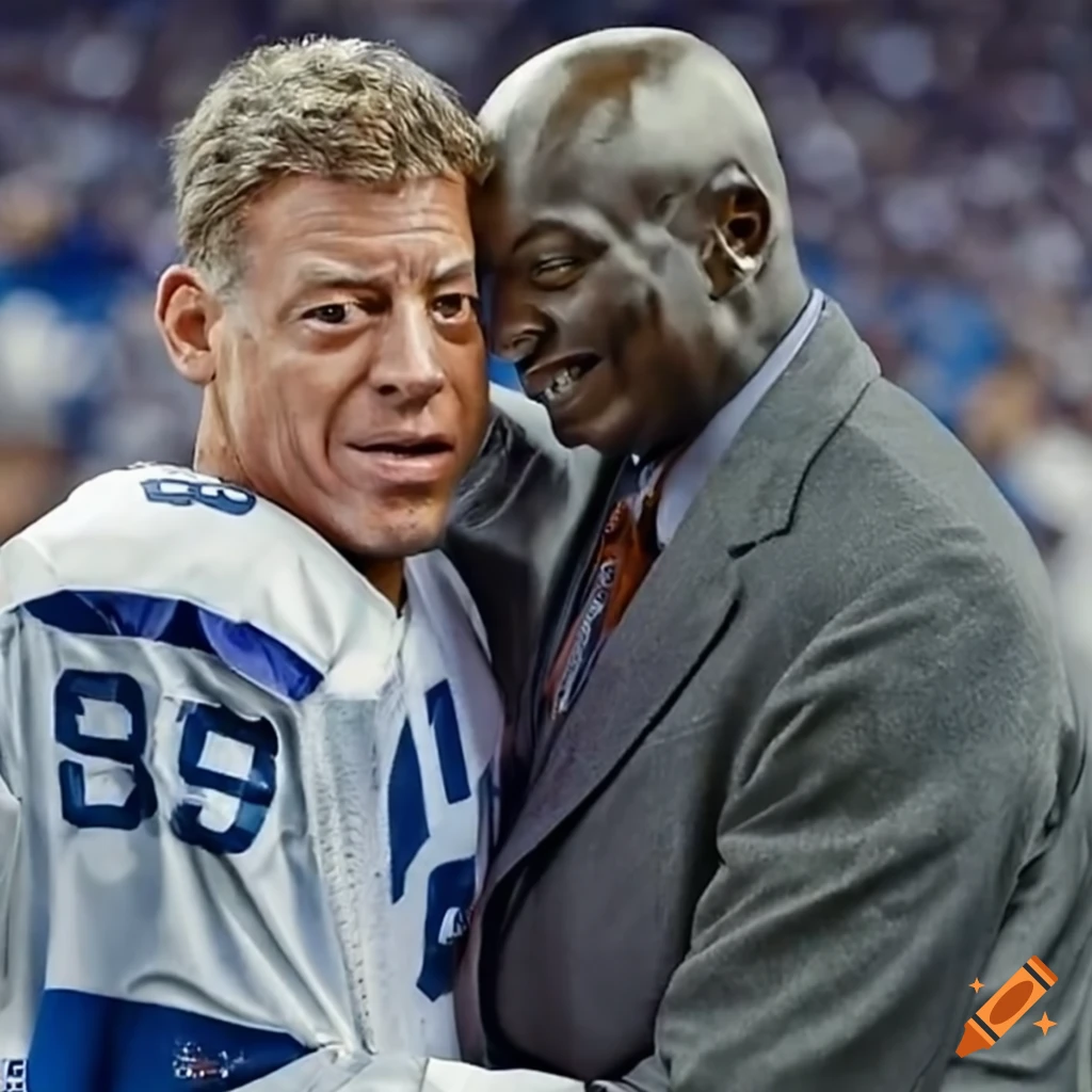 Barry sanders embracing troy aikman after football victory on Craiyon