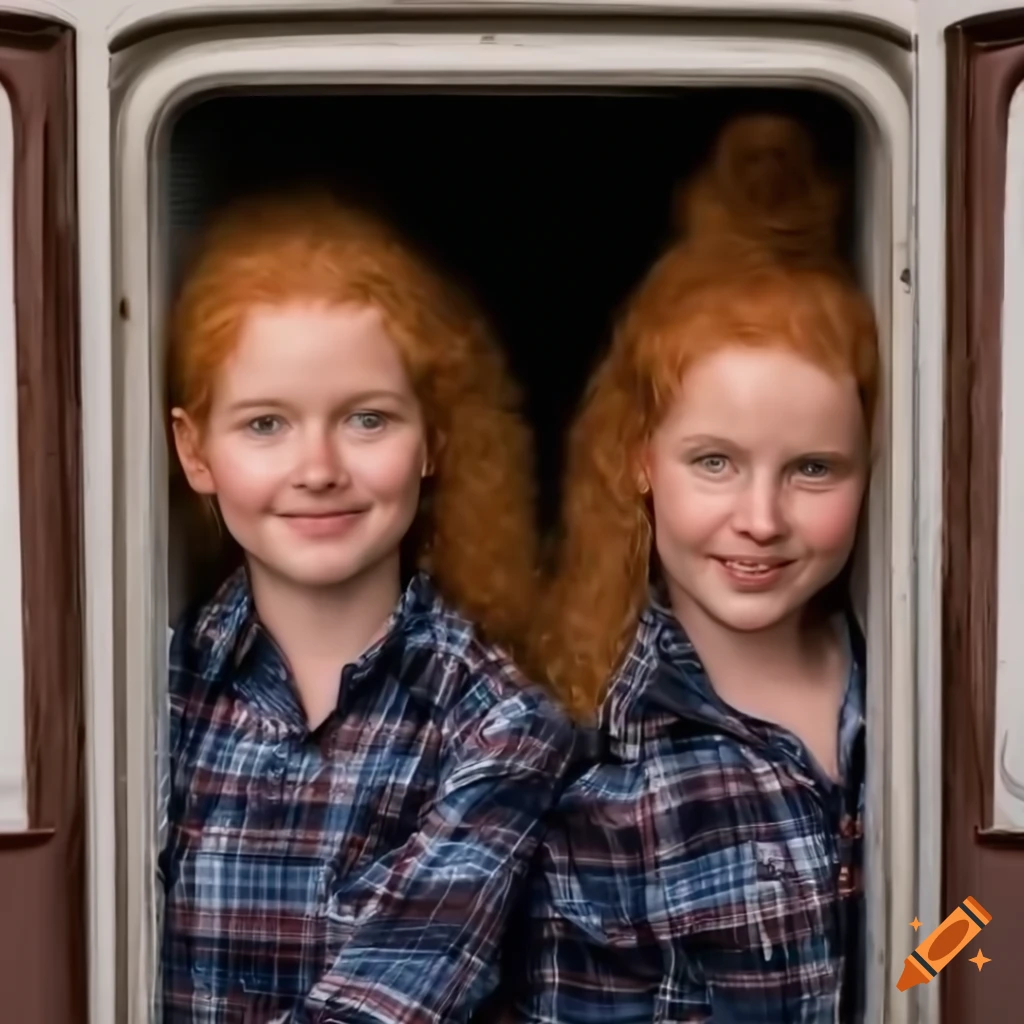 Two relaxed ginger twin females in country plaid shirts and high waist ...