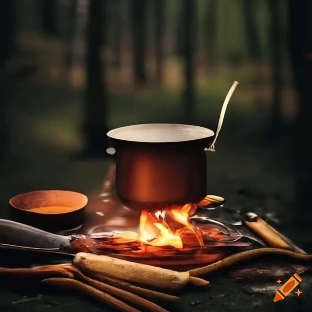 Cooking food in forest with multiple utensils on Craiyon