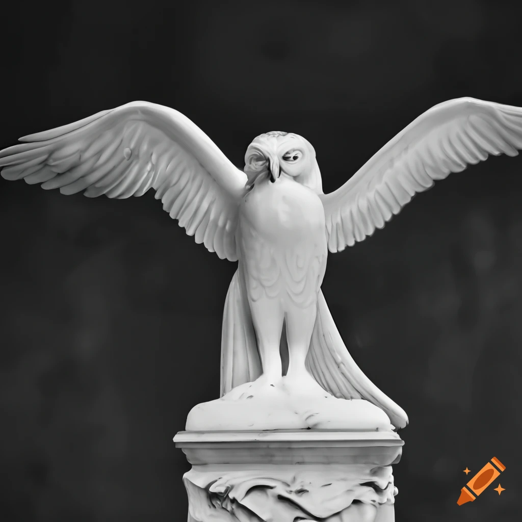 White marble owl statue with wings stretched out in flight on Craiyon