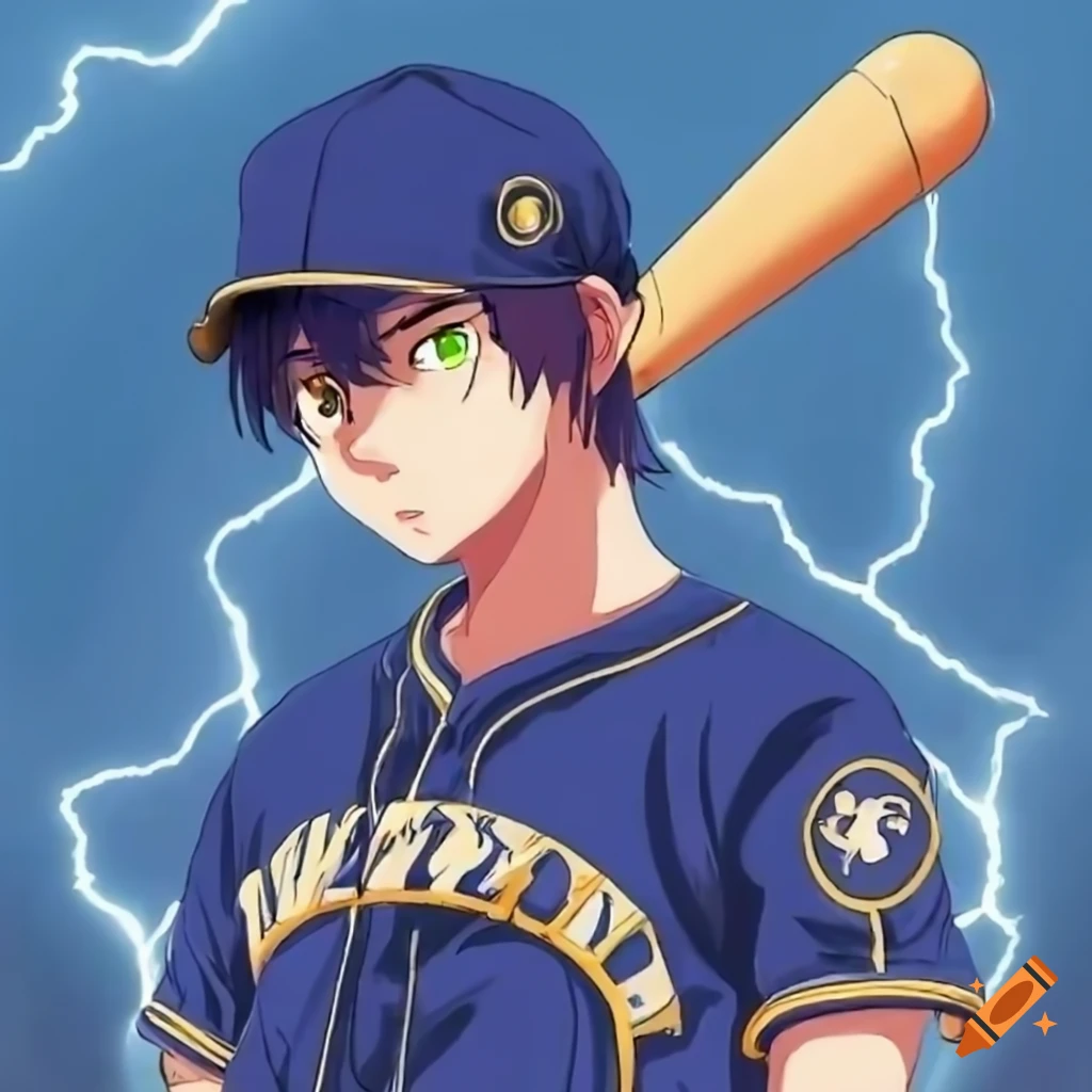 Anime guy in Milwaukee Brewers jersey with baseball glove and bat in ...