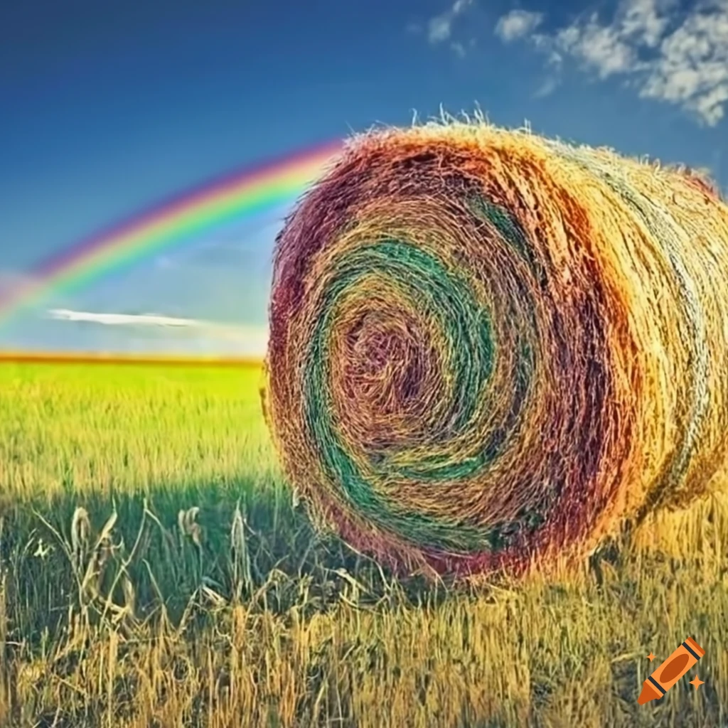 Rainbow-colored haybale on a field on Craiyon