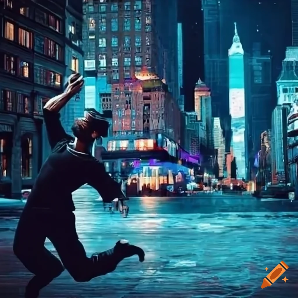 Man dancing in new york city and playing pc video games on Craiyon