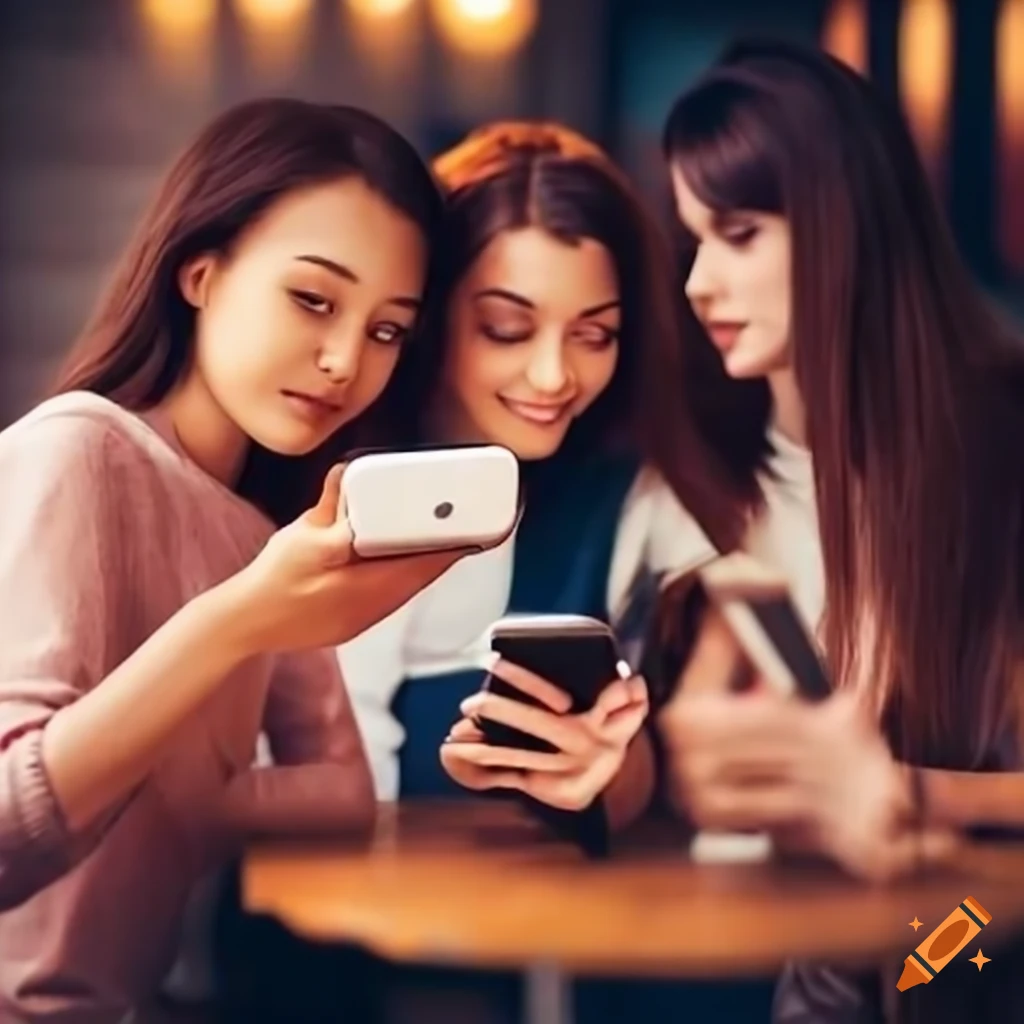Young people using phones in a cafe on Craiyon