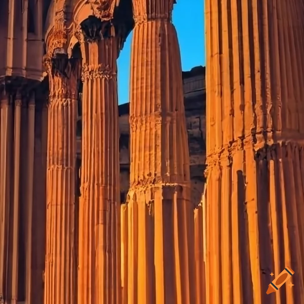 Tall orange roman columns in a grand amphitheater on Craiyon