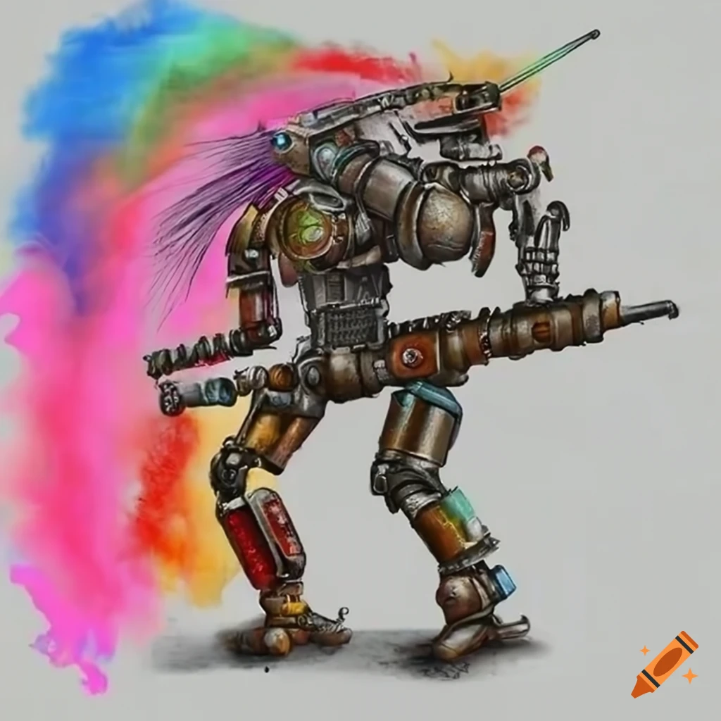 Realistic old punk robot with weapons and mohawk in an apocalyptic ...