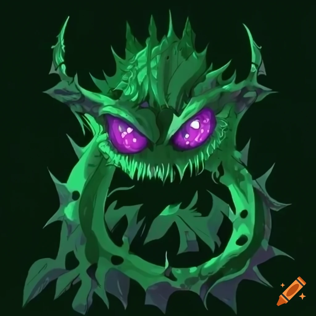 Twisted shadowy thorny vine monster with violet eyes on Craiyon