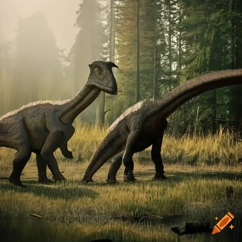 Hadrosaur dinosaurs walking in front of a diplodocus in a British ...