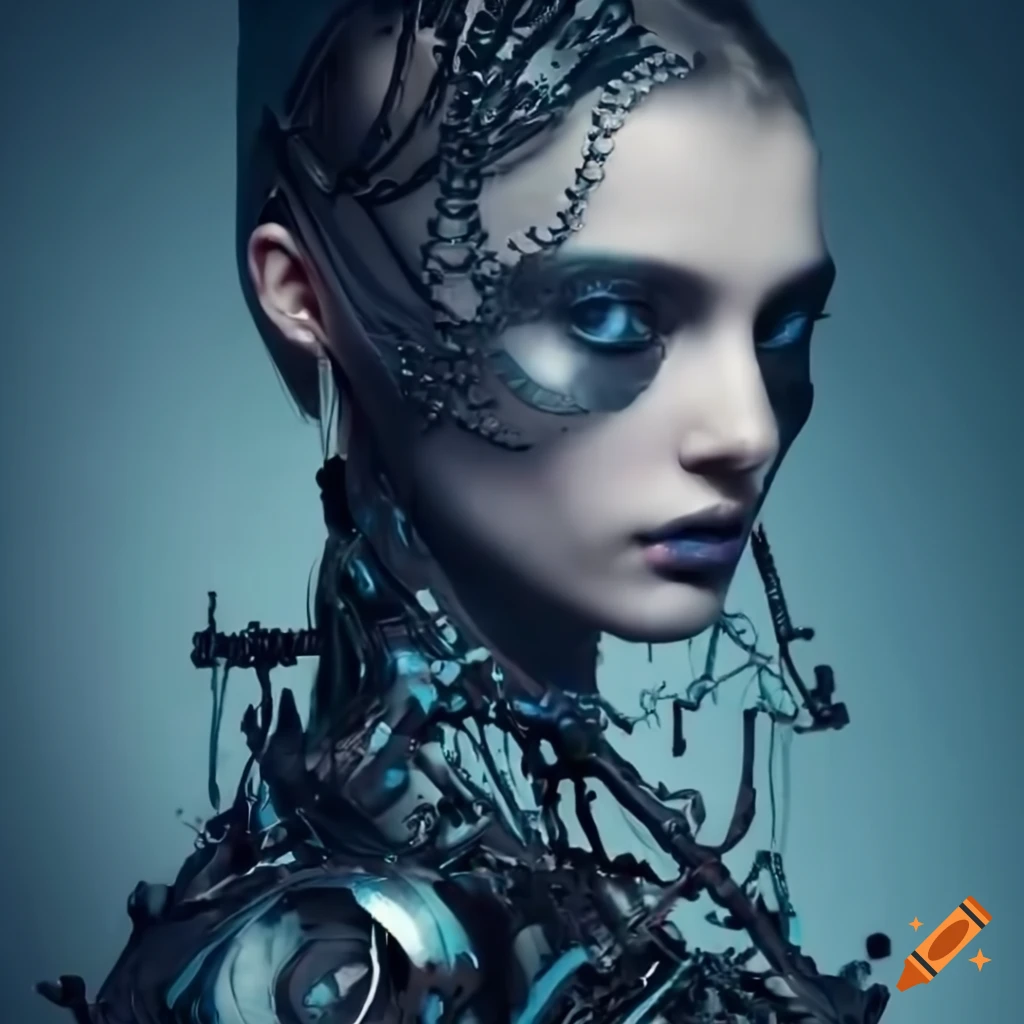 Artistic female model in futuristic fashion with intricate machinery on ...