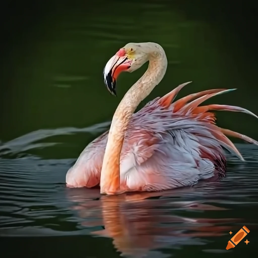 Fascinating dragon flamingo hybrid feeding in a lake on Craiyon