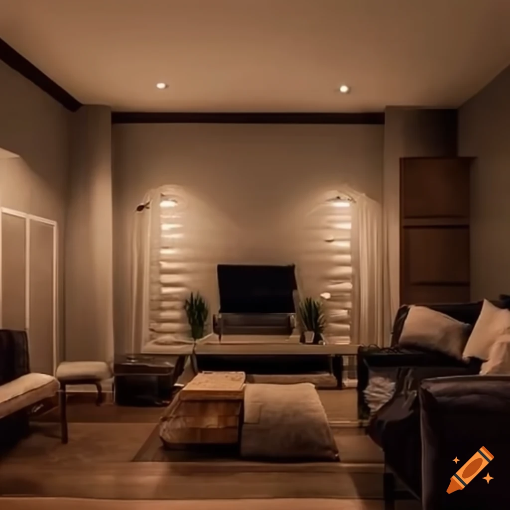 Cozy modern living room with warm lighting and no windows on Craiyon