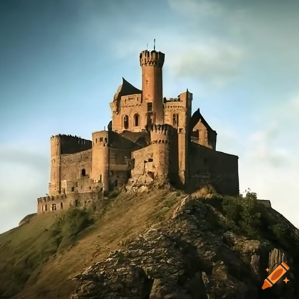 Romanesque-style castle on a stone mountain with natural evening ...