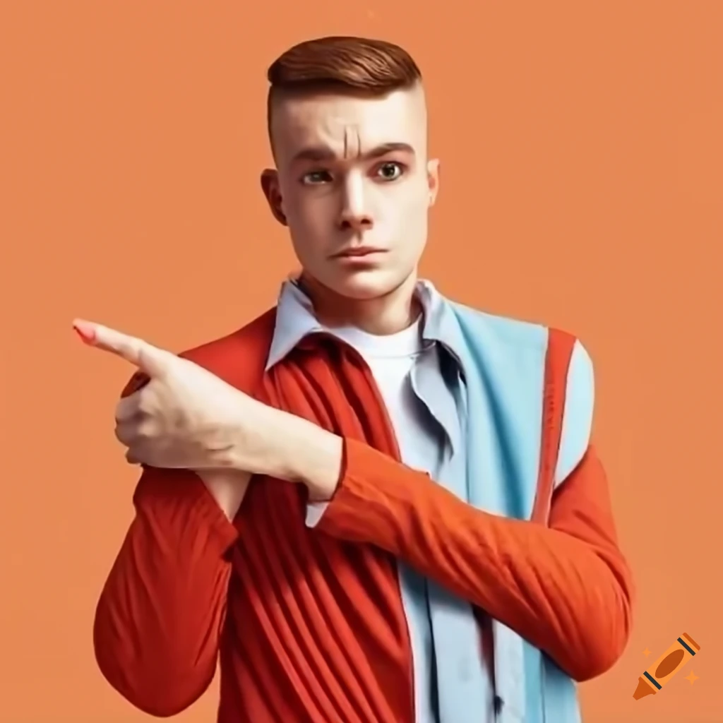 Man in red, orange, and white outfit pointing to the right on Craiyon