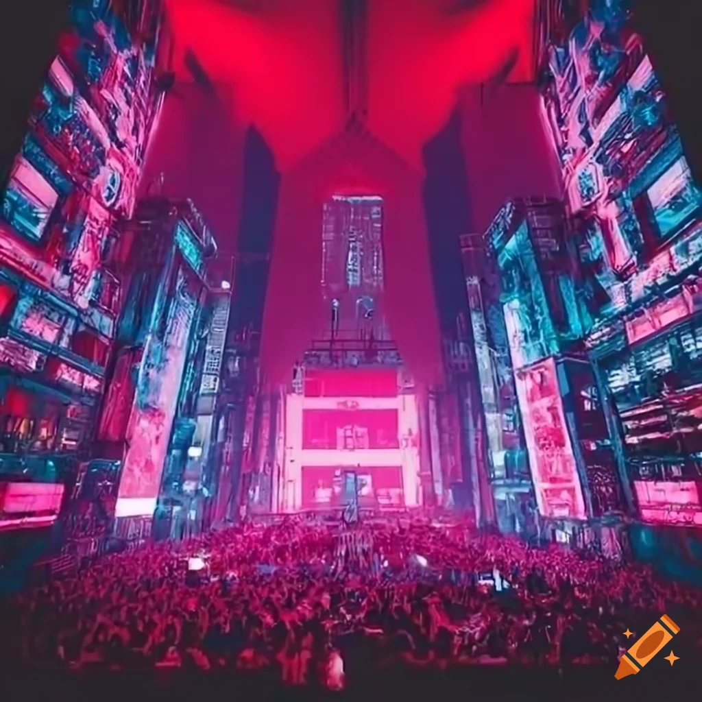 Concert stage in a cyberpunk city with red tones on Craiyon
