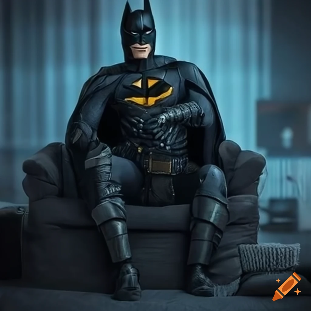 Playful depiction of the dark knight lounging on a couch on Craiyon