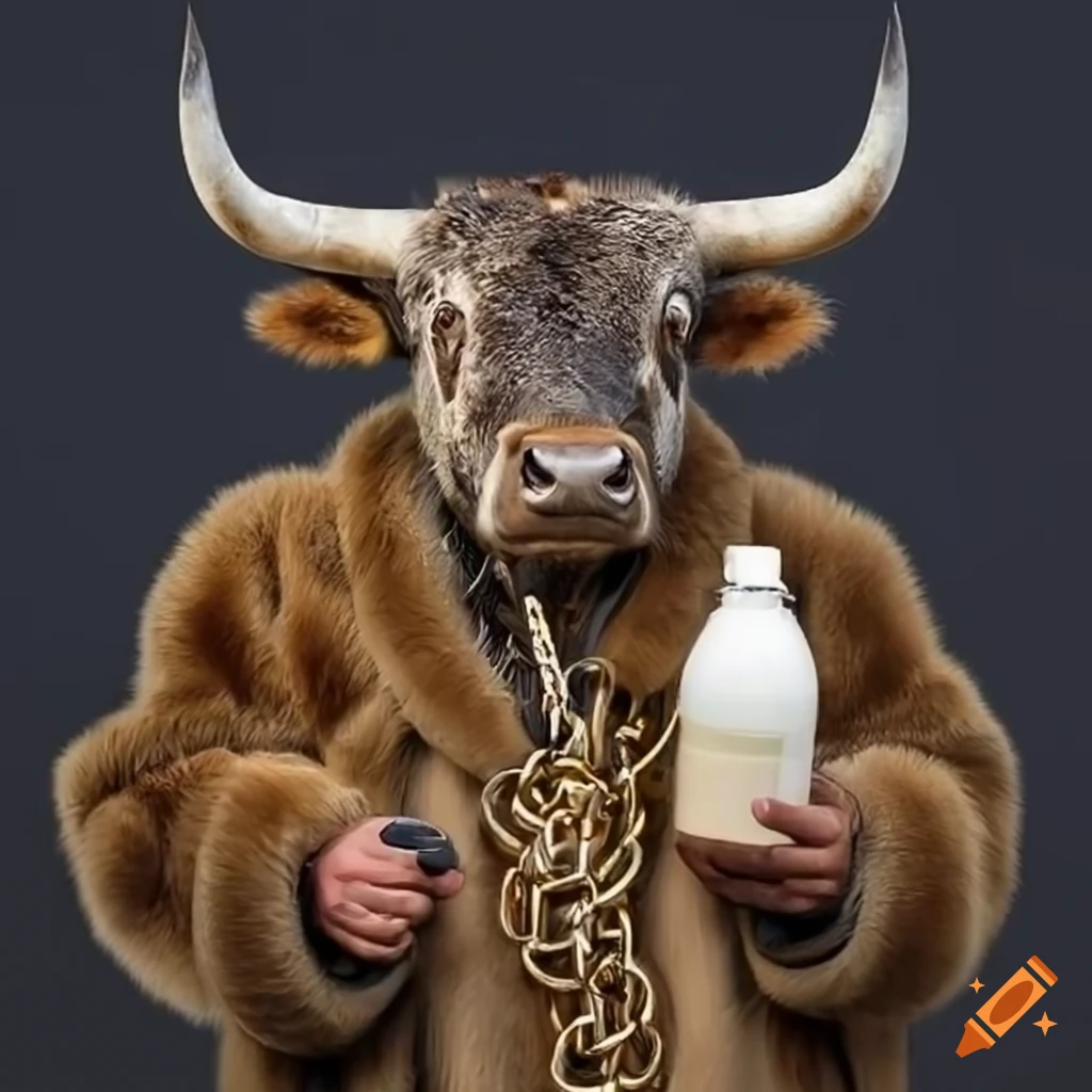 Illustrated longhorn bull with fur coat and gold chain in a luxury ...