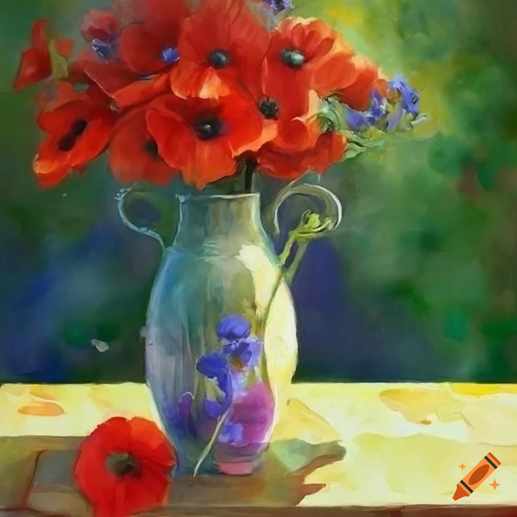 Watercolor botanical art of poppies and cornflowers on a summer veranda ...