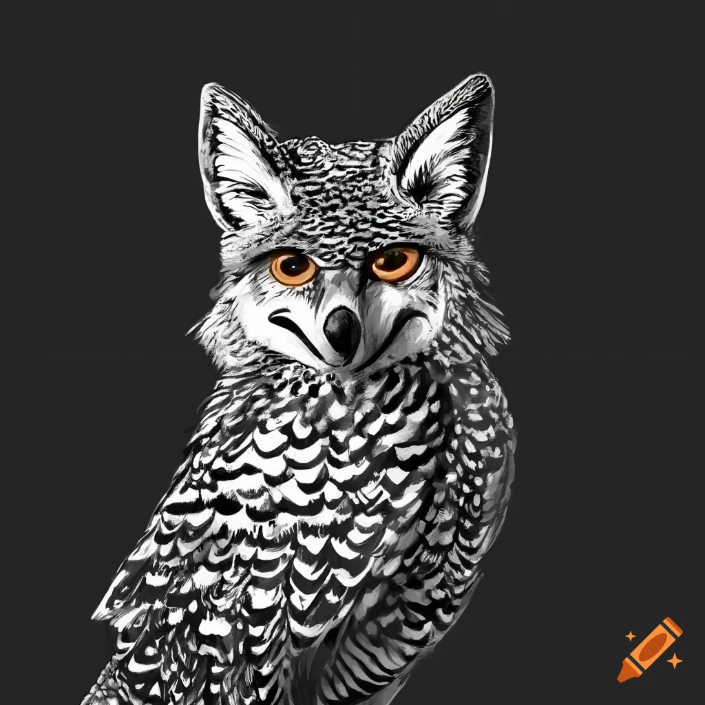 Fox and owl hybrid in black outline on Craiyon