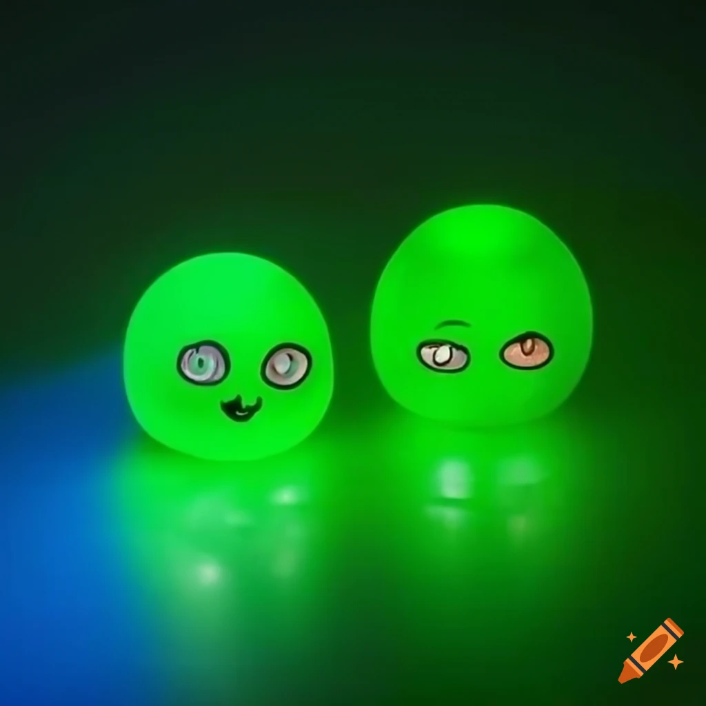 Glowing green blobs with cute friendly faces in a clear blue sky on Craiyon