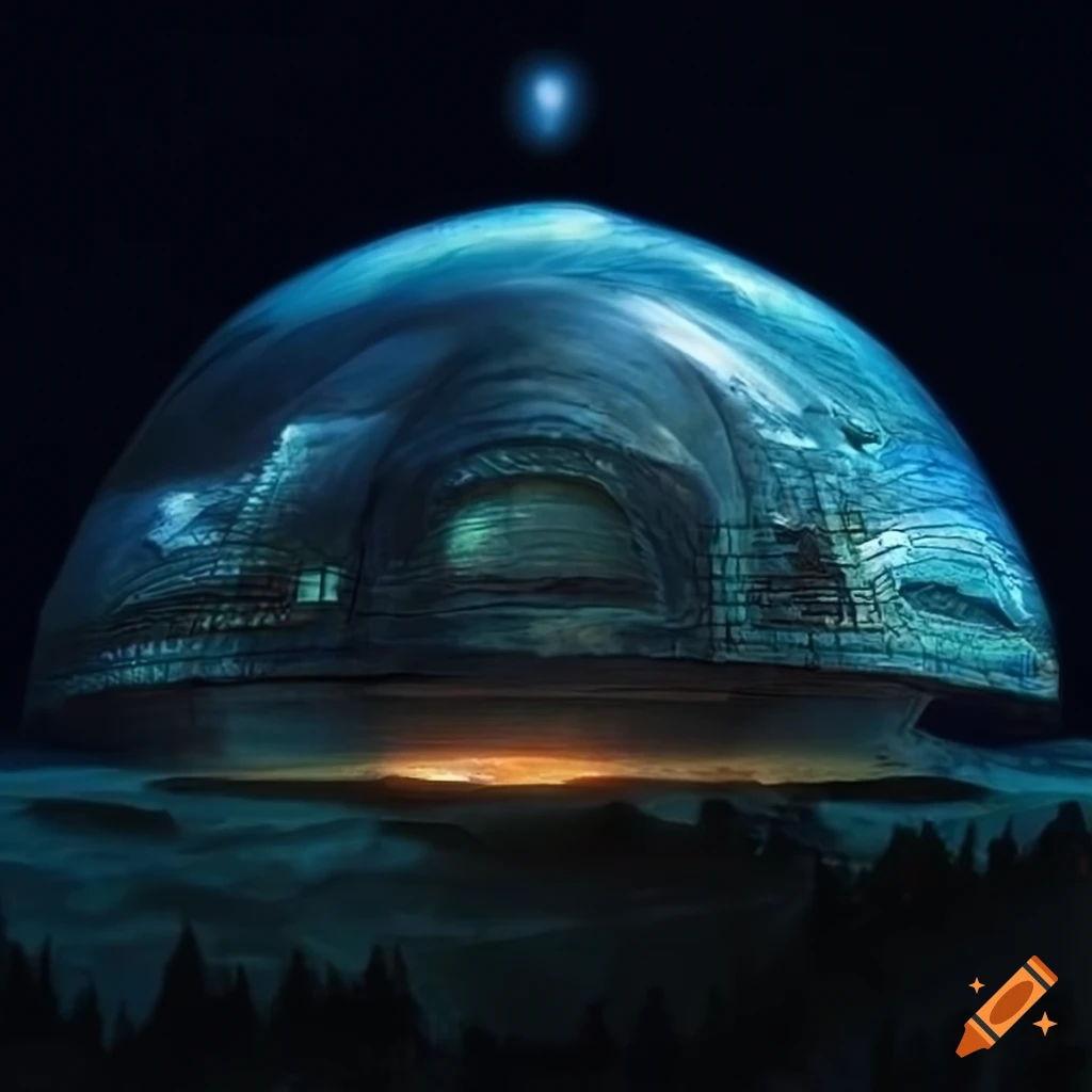 Alien buildings under a transparent half dome in a sci-fi setting on ...