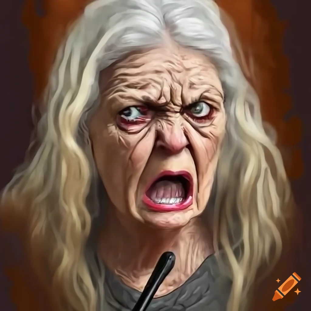 Portrait of an intense old woman with long blonde hair holding a ...