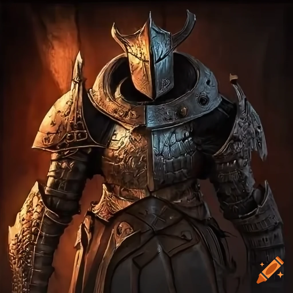 Giant knight in full plated armor with long sword and shield on Craiyon