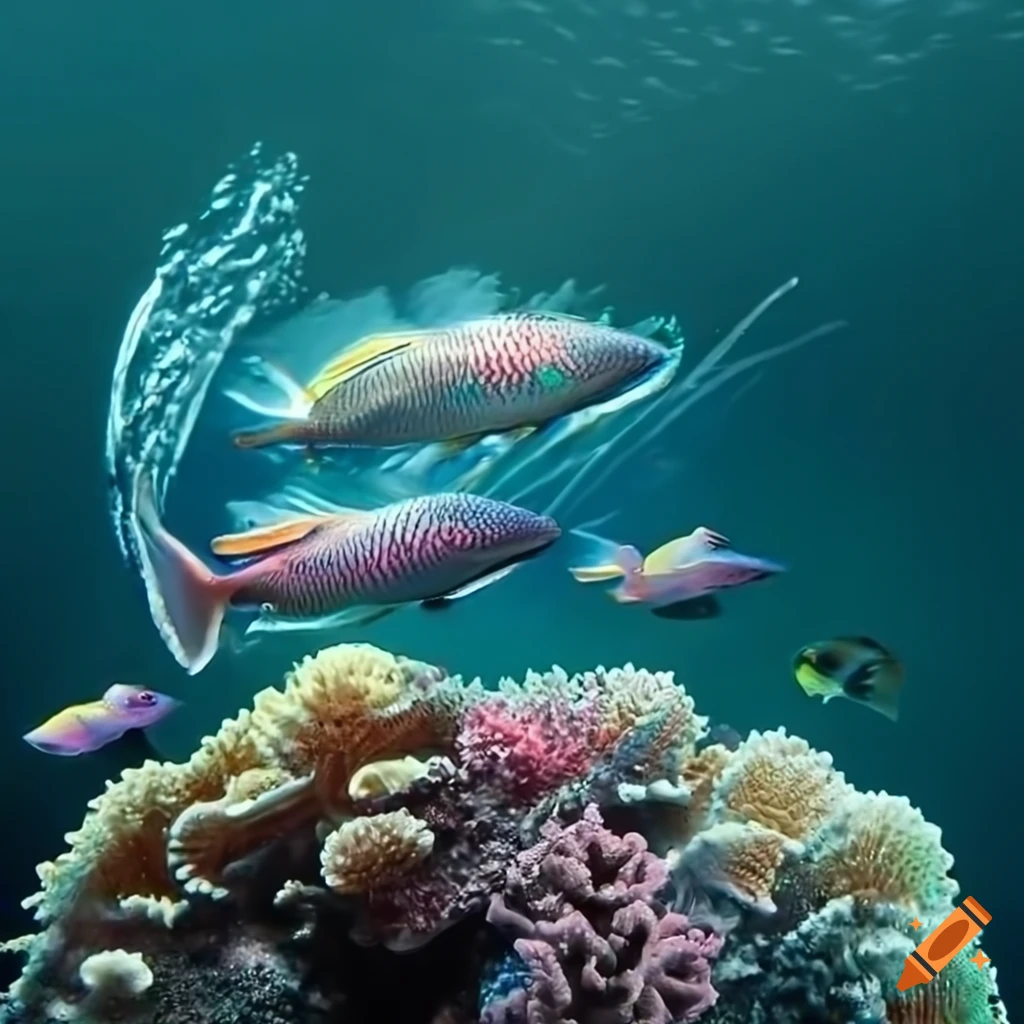 Group of exotic fish in vivid underwater micro photography on Craiyon