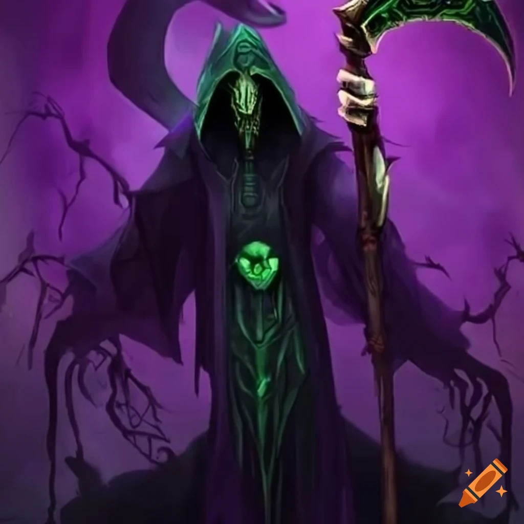 Warlock with hood, holding a deep purple scythe and spell book with ...