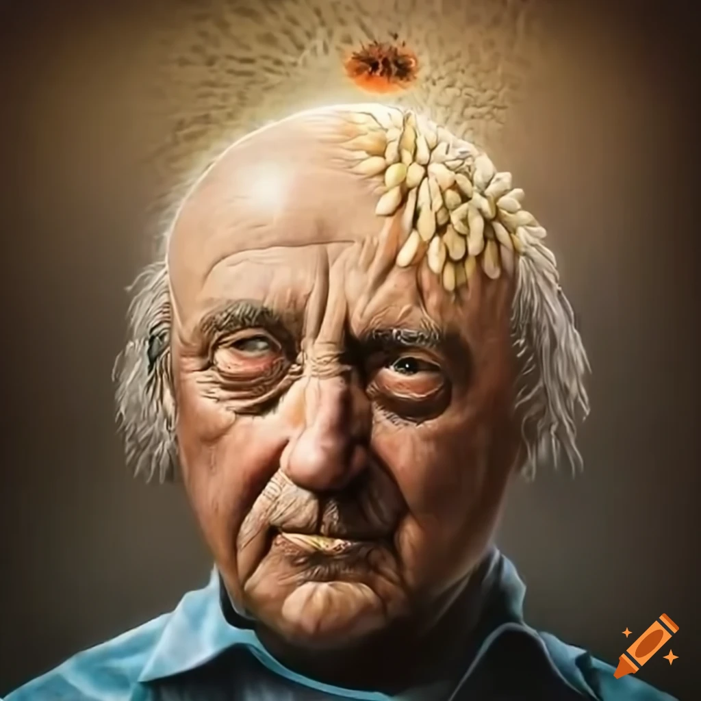 Realistic drawing of gerry scotti with a giant grain of rice above his ...