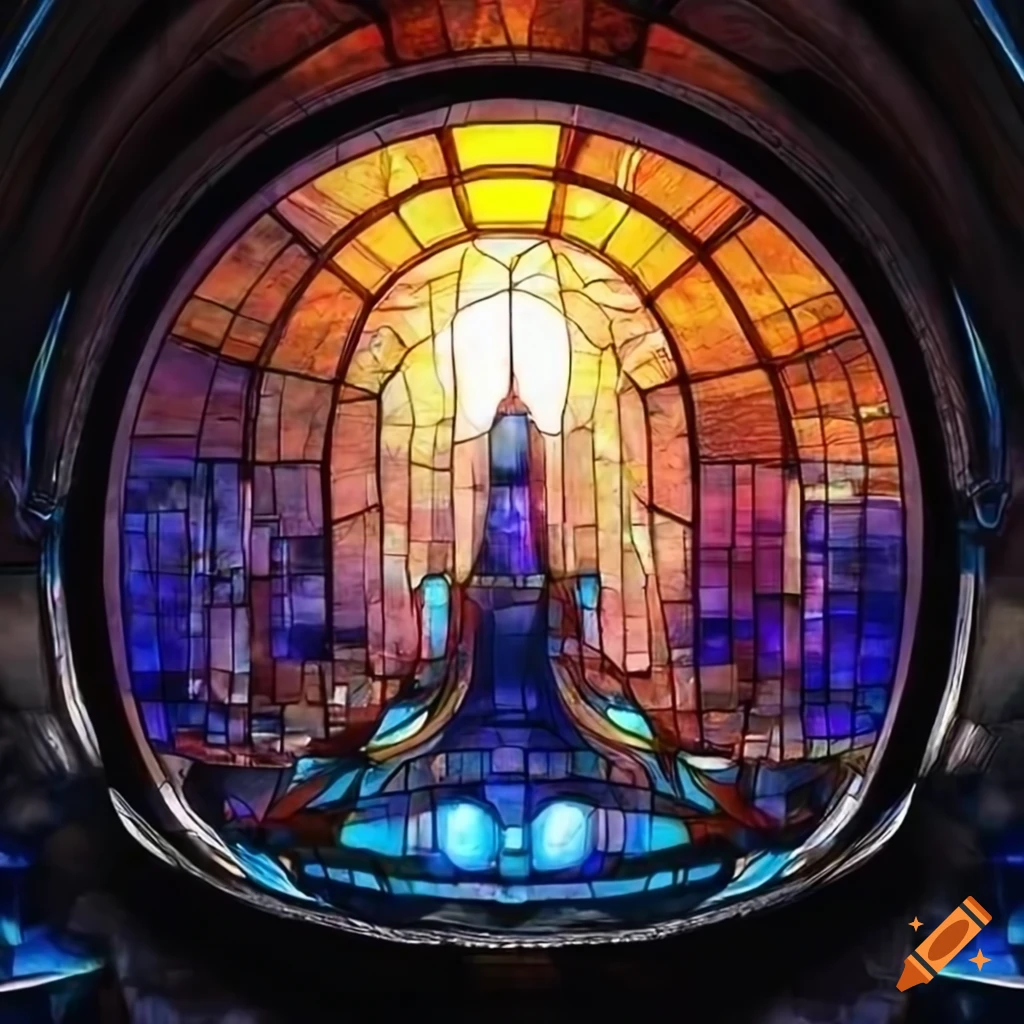 Stunning stained glass artwork of a futuristic space journey on Craiyon