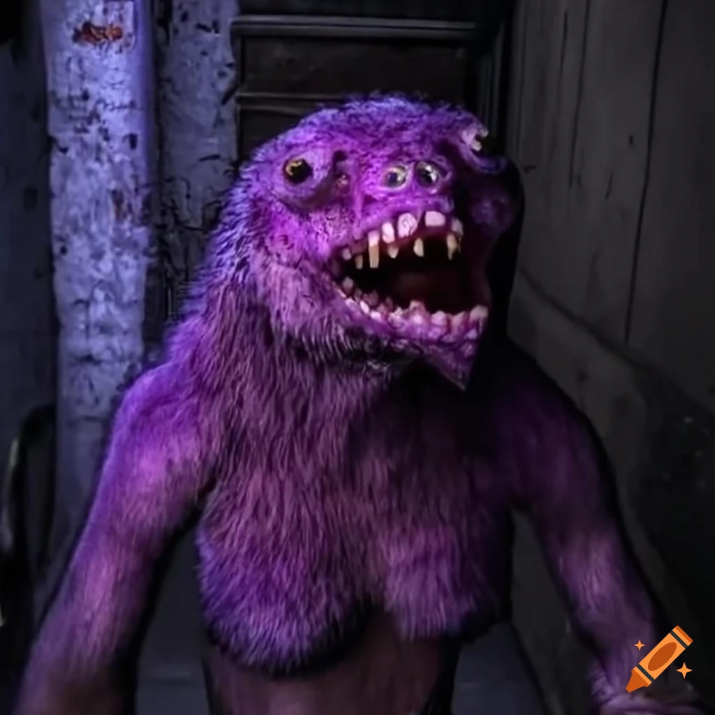 Unique purple cryptid grinning in a dark alleyway on Craiyon