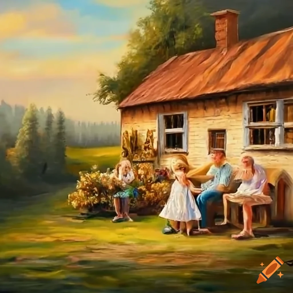 Smiling family enjoying a weekend at their cozy farmhouse in the ...