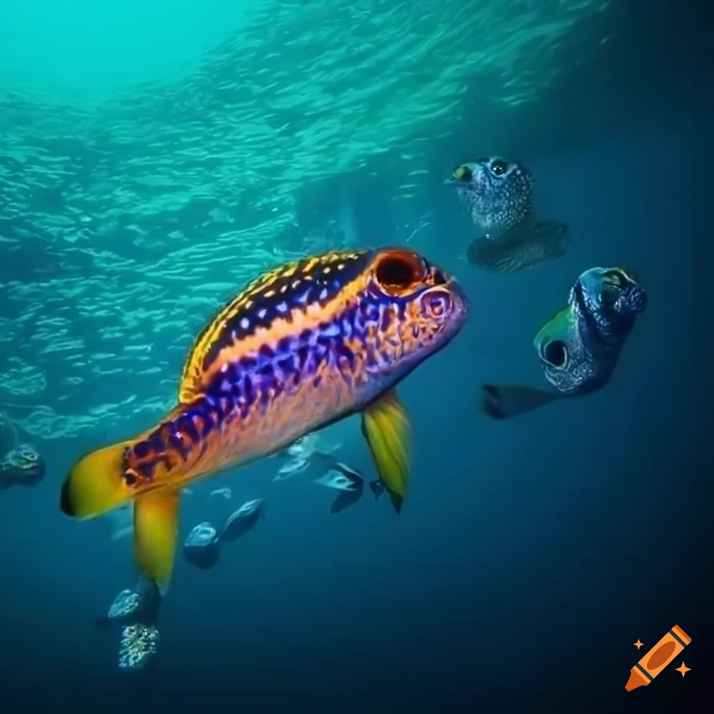 Group of exotic fish in a hyper-sharp microphotography underwater scene ...