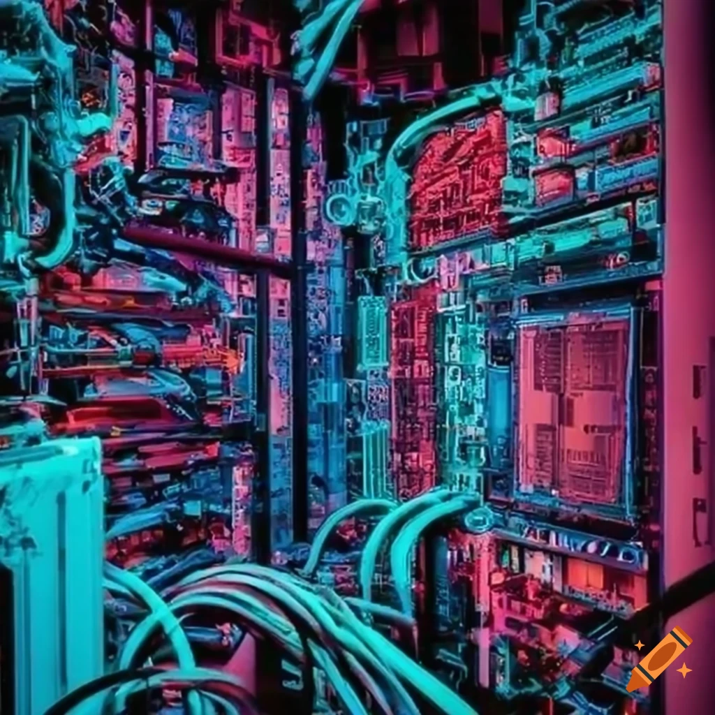 Intricate computer room with monitors, wires, and screens on Craiyon