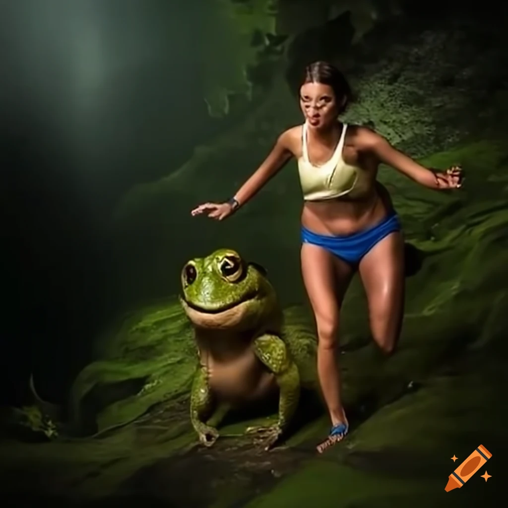 Women fleeing from giant frogs on Craiyon