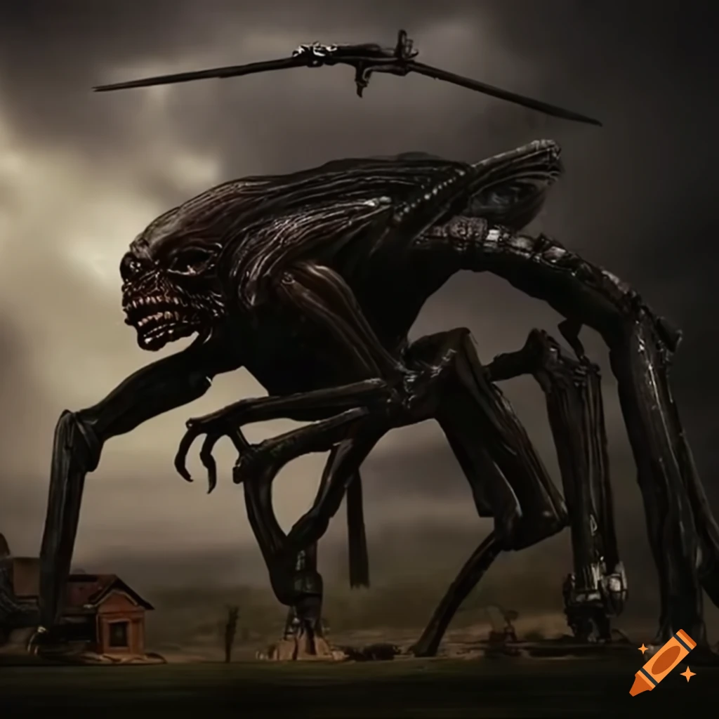 Alien machine from war of the worlds near a farm house on Craiyon