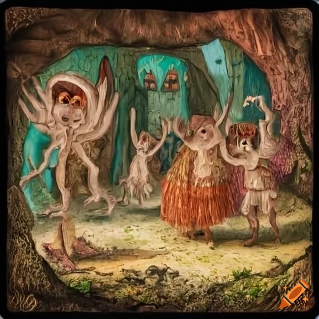 Surrealism village with mischievous dancing creatures on Craiyon