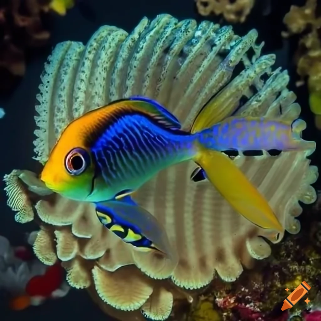 Group of exotic fish in a hyper-sharp microphotography underwater scene ...